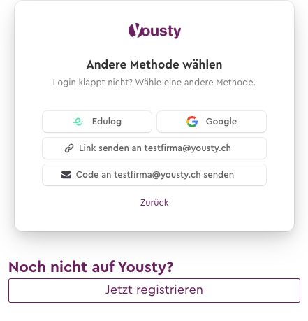 Alternative Login-Methoden bei Yousty